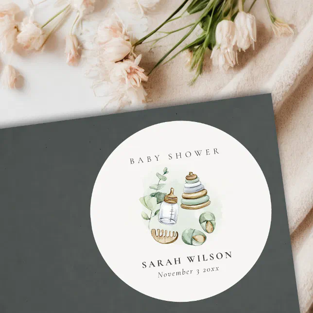 Cute Nursery Essential Leafy Green Baby Shower Classic Round Sticker ...