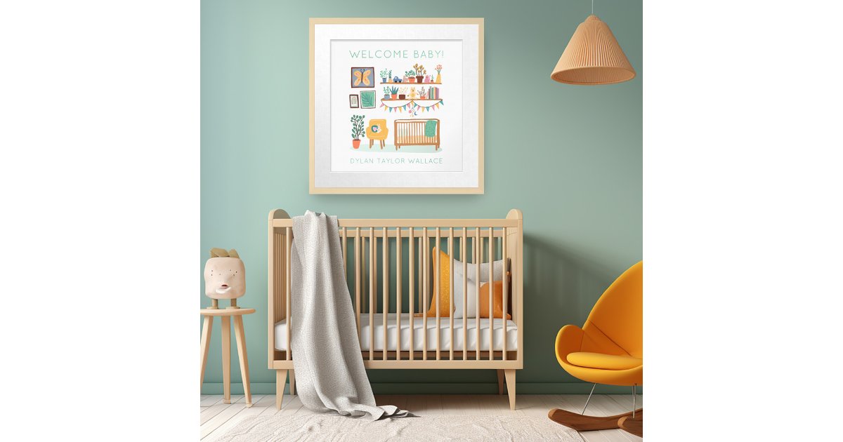 Cute Nursery Illustration CUSTOM BABY NAME Poster | Zazzle