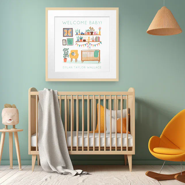 Cute Nursery Illustration CUSTOM BABY NAME Poster | Zazzle