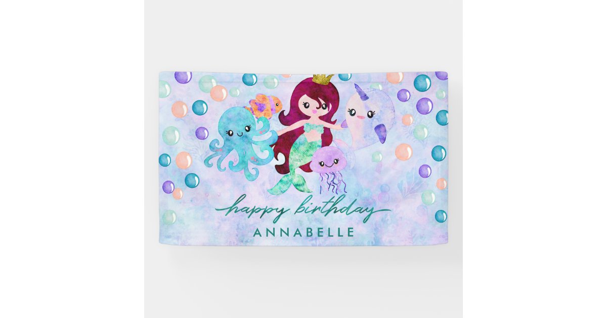 Cute Ocean Animals Mermaid Theme Happy Birthday Banner | Zazzle