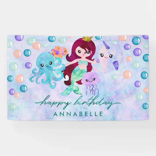 Cute Ocean Animals Mermaid Theme Happy Birthday Banner | Zazzle