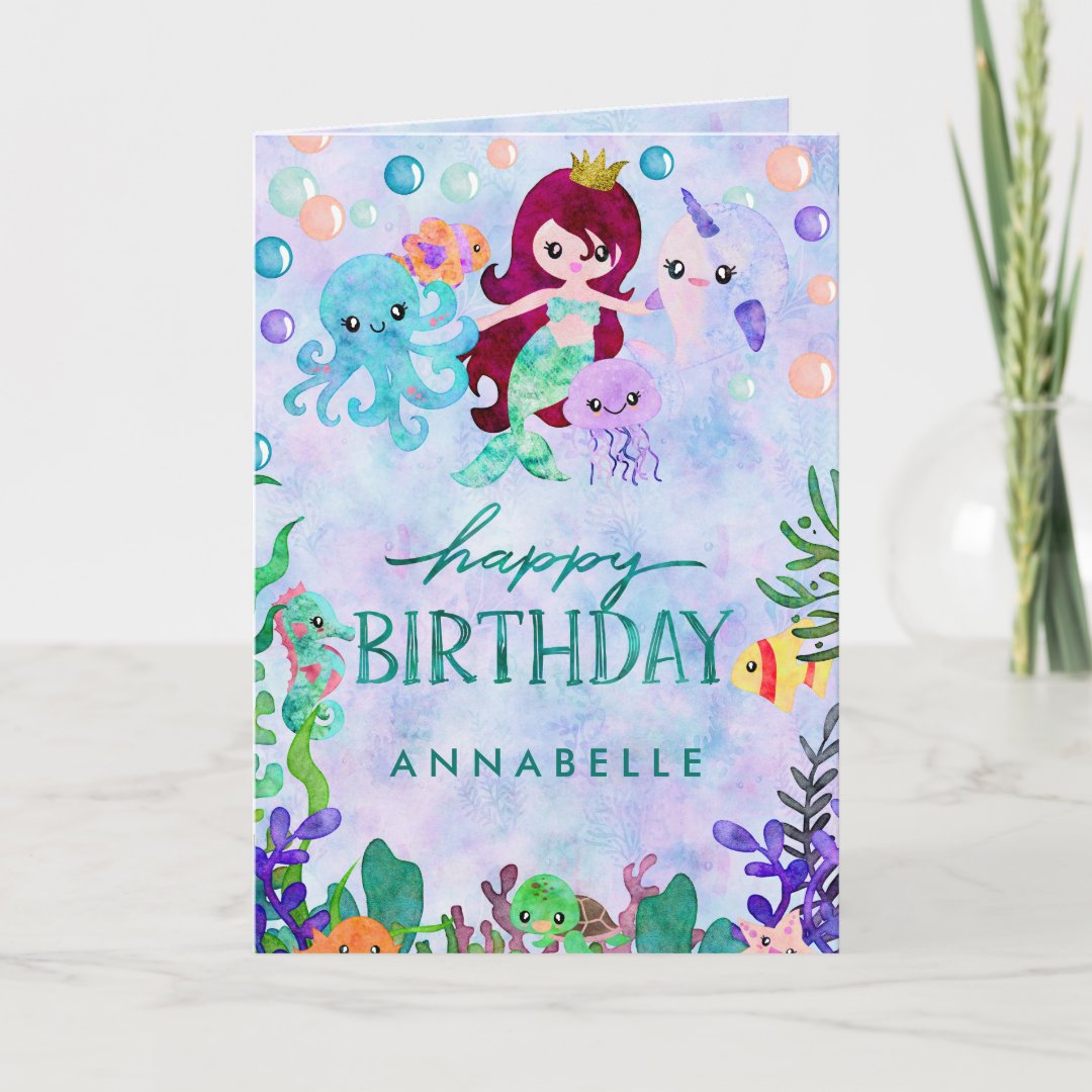 Cute Ocean Animals Mermaid Theme Happy Birthday Card | Zazzle