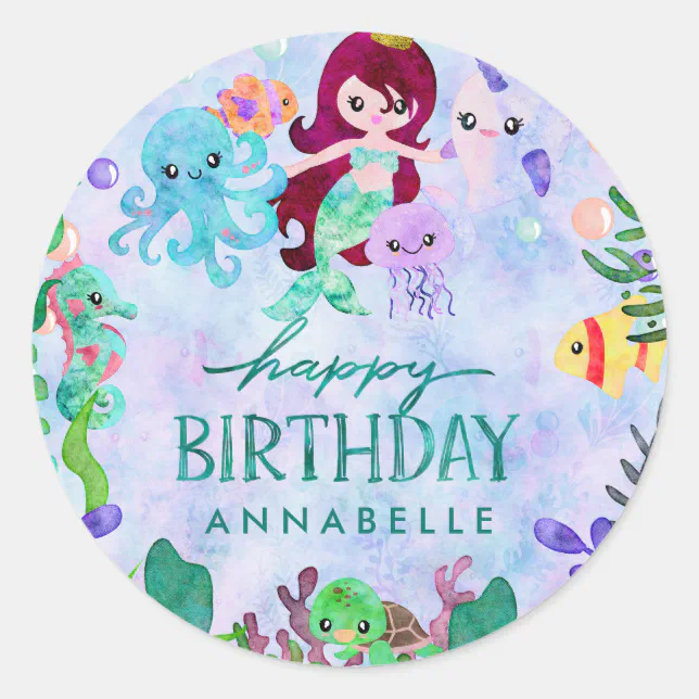 Cute Ocean Animals Mermaid Theme Happy Birthday Classic Round Sticker ...