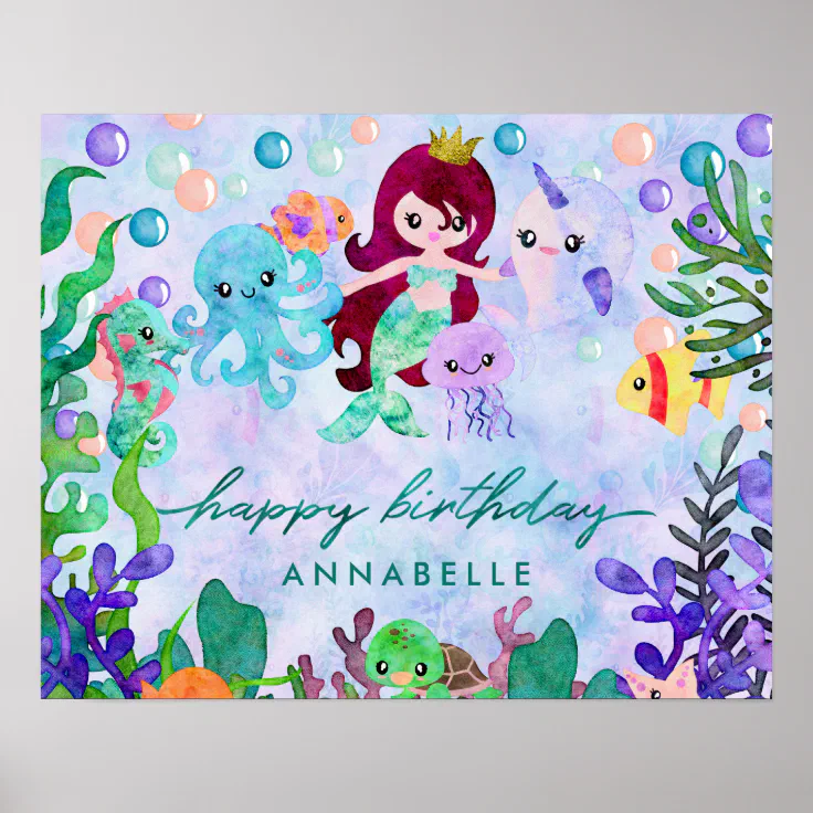 Cute Ocean Animals Mermaid Theme Happy Birthday Poster | Zazzle