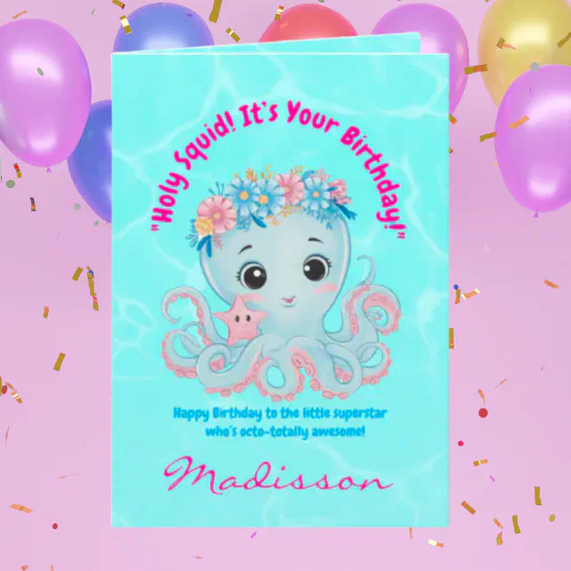 Cute Ocean Floral Octopus Girly Kids Birthday Card | Zazzle