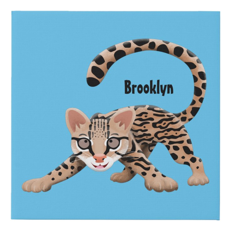 Cute ocelot cartoon illustration faux canvas print | Zazzle
