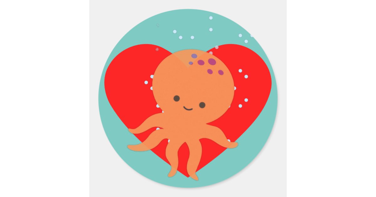 Cute Octopus Cartoon Red Heart Classic Round Sticker | Zazzle