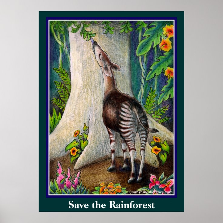 Cute Okapi Save the Rainforest Poster | Zazzle