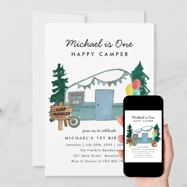Cute One Happy Camper Trees Camping 1st Birthday Invitation | Zazzle