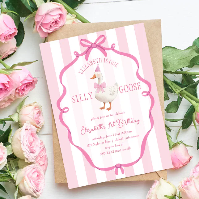Cute One Silly Goose Pink Bow First Birthday Invitation | Zazzle