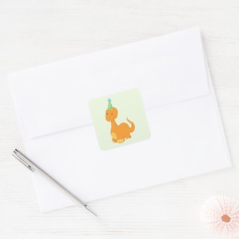 Cute orange dinosaur square sticker | Zazzle