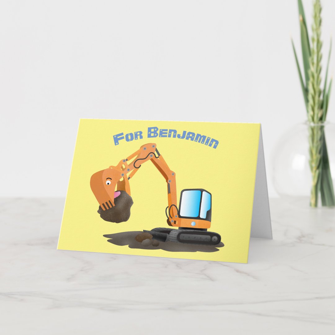 Cute orange excavator digger cartoon card | Zazzle