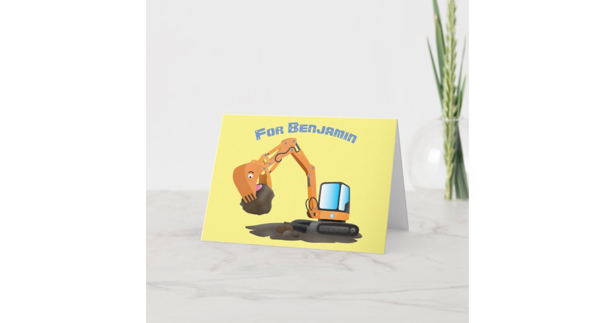 Cute orange excavator digger cartoon card | Zazzle