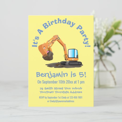 Cute orange excavator digger cartoon invitation | Zazzle