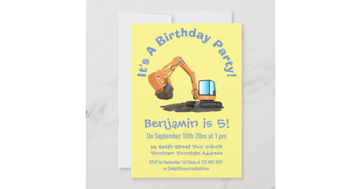 Cute orange excavator digger cartoon invitation | Zazzle