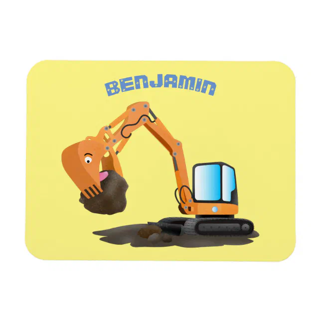 Cute orange excavator digger cartoon magnet | Zazzle