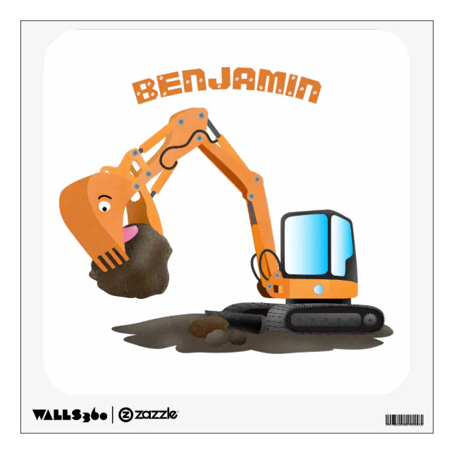Cute orange excavator digger cartoon wall decal | Zazzle