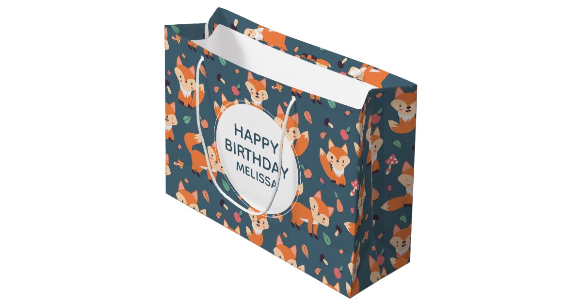 Cute Orange Fox Animal Pattern Birthday Large Gift Bag | Zazzle