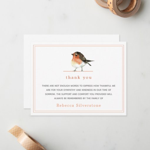Cute Orange Robin Simple Elegant Funeral Thank You Note Card | Zazzle