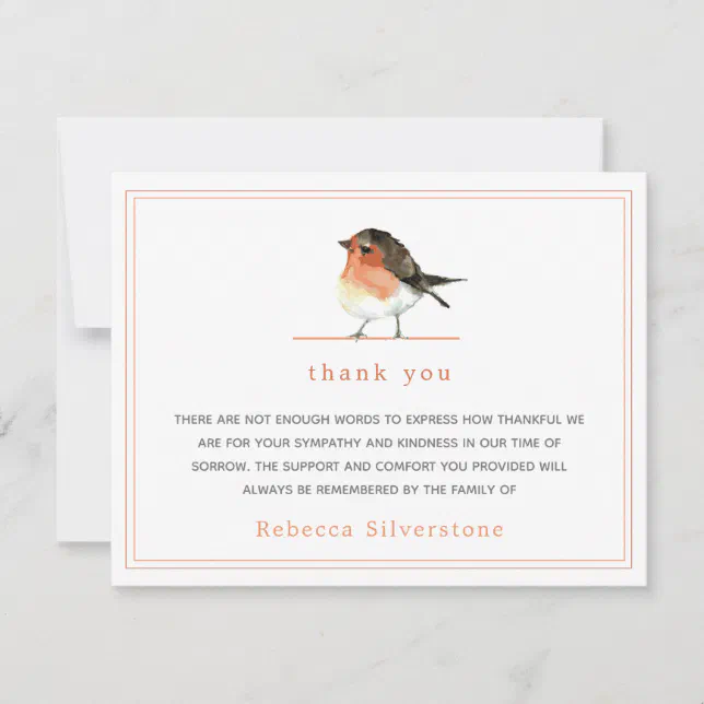 Cute Orange Robin Simple Elegant Funeral Thank You Note Card | Zazzle
