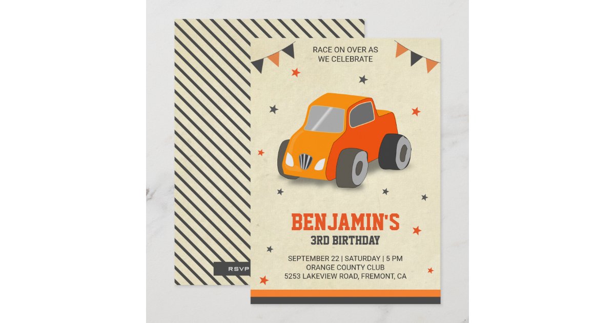 Cute Orange Toy Car Kids Birthday Party Invitation | Zazzle