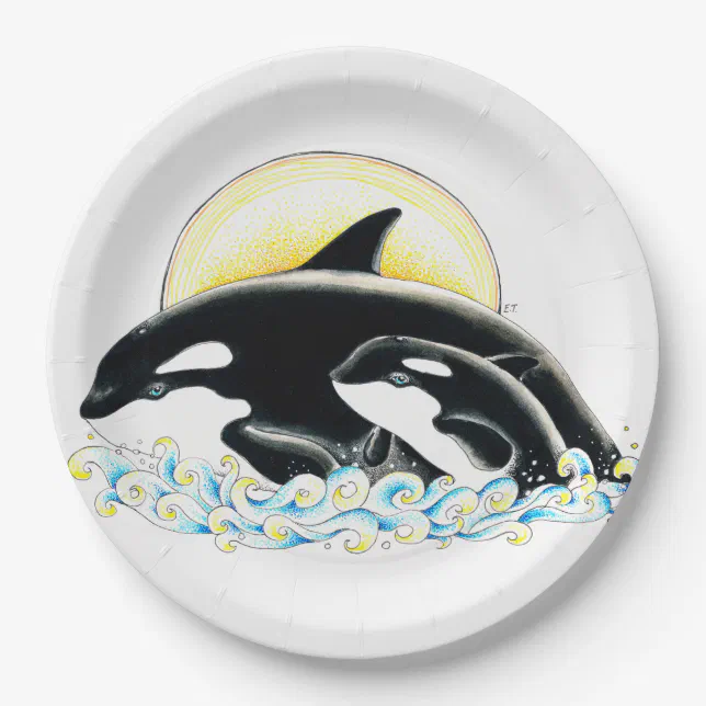 Cute Orca whale Family ink art Paper Plates | Zazzle