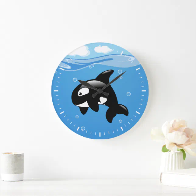 Cute Orca Whale in Ocean Large Clock | Zazzle