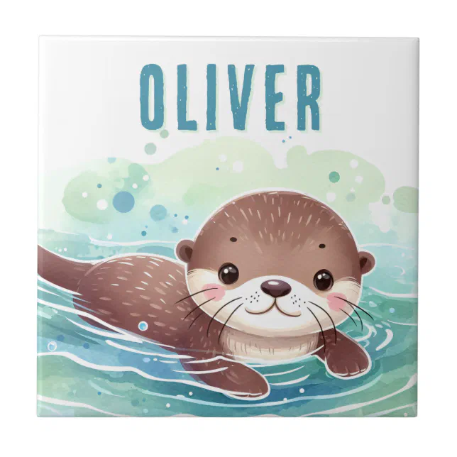 Cute Otter Illustration Custom Name Ceramic Tile | Zazzle