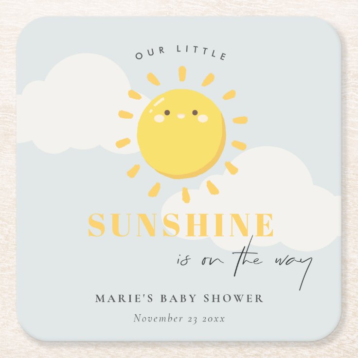 Cute Our Little Sunshine Blue Boy Baby Shower Square Paper Coaster | Zazzle