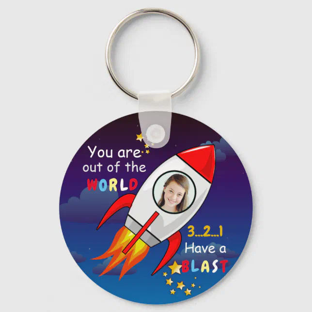 Cute Outer Space Rocket Ship Blast Off Birthday Keychain | Zazzle