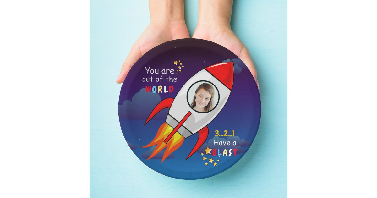 Cute Outer Space Rocket Ship Blast Off Birthday Paper Plates | Zazzle