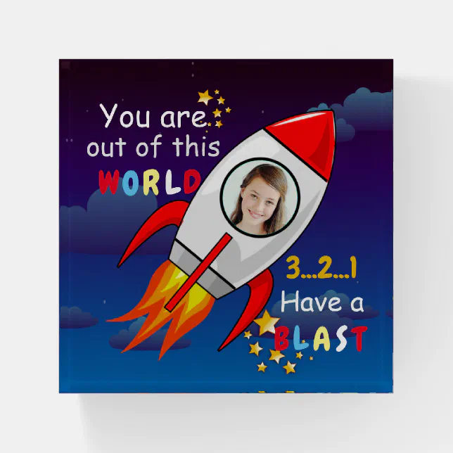 Cute Outer Space Rocket Ship Blast Off Birthday Paperweight | Zazzle