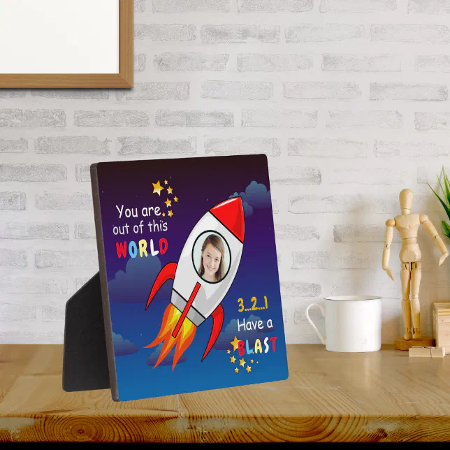 Cute Outer Space Rocket Ship Blast Off Birthday Plaque | Zazzle