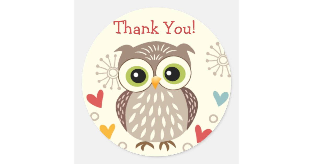 Cute Owl and Hearts Thank you Stickers | Zazzle