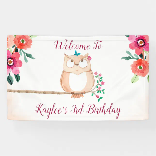 Cute Owl and Pink Floral Birthday Banner | Zazzle