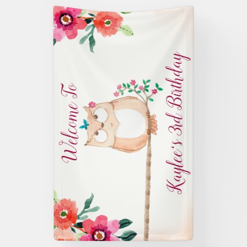Cute Owl and Pink Floral Birthday Banner | Zazzle