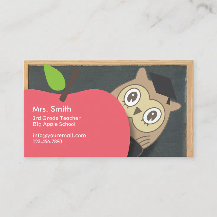Cute Owl & Apple Chalkboard Teacher Business Card | Zazzle