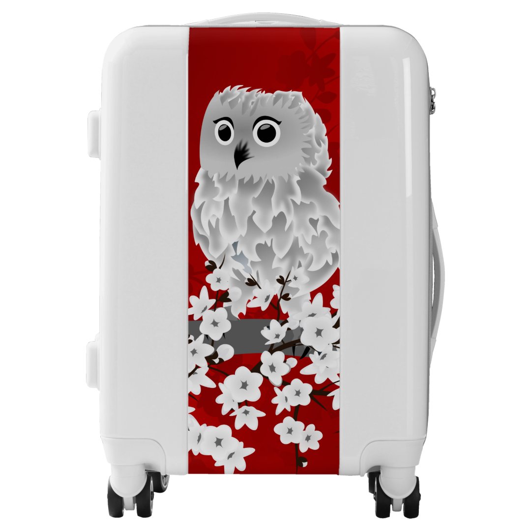 Cute Owl Cherry Blossom Red Black White Luggage | Zazzle