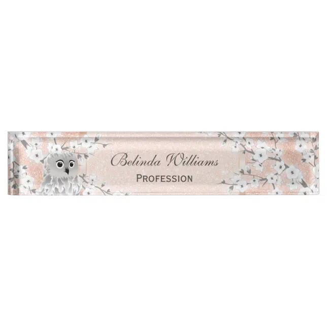Cute Owl Cherry Blossom Rose Gold Glitter Teacher Desk Name Plate | Zazzle