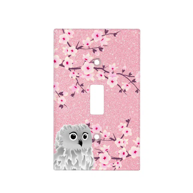 Cute Owl Cherry Blossoms Glitter Light Switch Cover | Zazzle