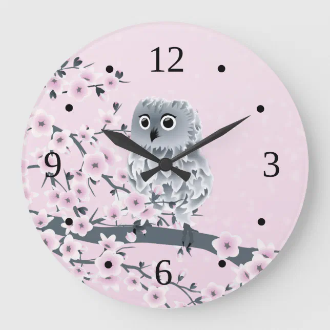 Cute Owl Cherry Blossoms Pink Numbers Large Clock | Zazzle