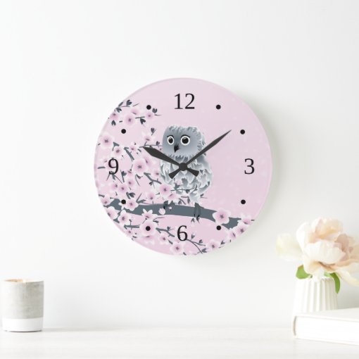 Cute Owl Cherry Blossoms Pink Numbers Large Clock | Zazzle