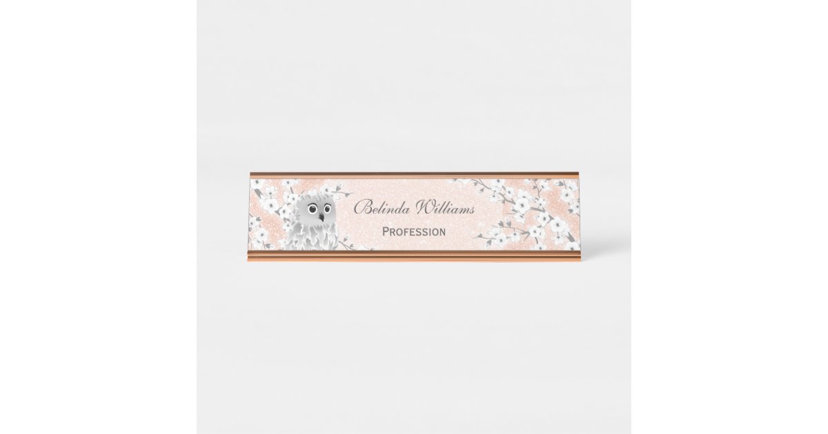 Cute Owl Cherry Blossoms Rose Gold Glitter Desk Name Plate | Zazzle