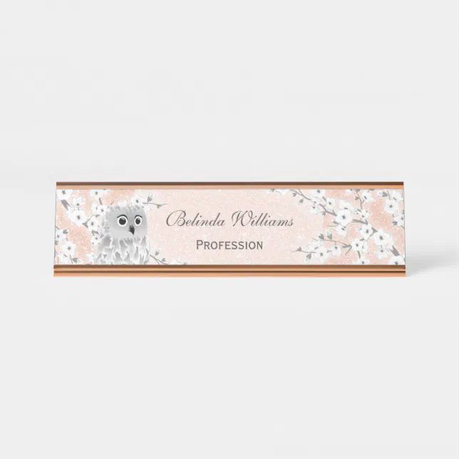 Cute Owl Cherry Blossoms Rose Gold Glitter Desk Name Plate | Zazzle