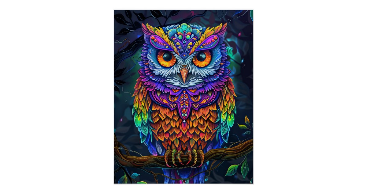 Cute Owl Colorful Abstract Bird Animal Nature Art Poster | Zazzle
