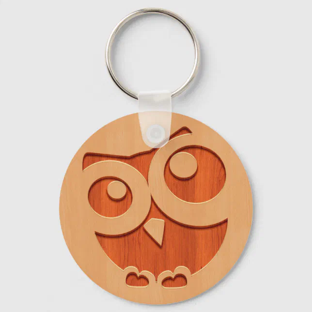 Cute owl engraved in wood effect keychain | Zazzle