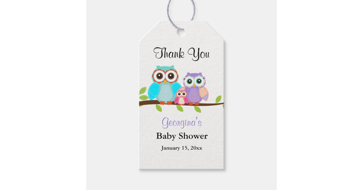 Cute Owl Family Girl Baby Shower Gift Tags | Zazzle