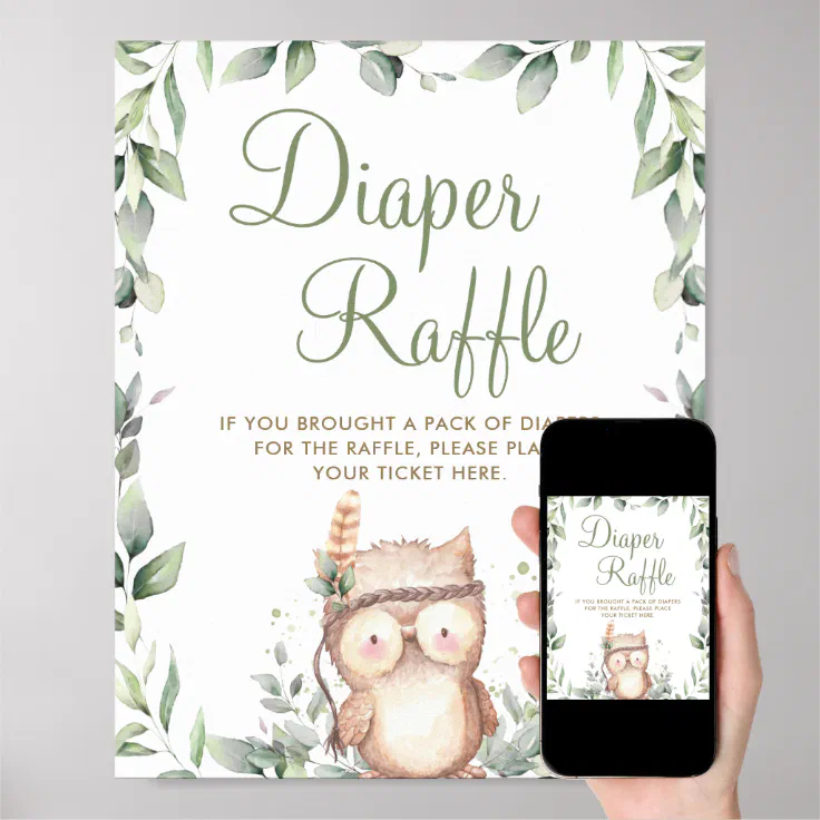 Cute Owl Greenery Baby Shower Diaper Raffle Sign | Zazzle