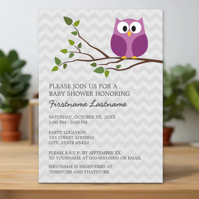 Cute Owl on Branch and chevrons Baby Girl Shower Invitation | Zazzle