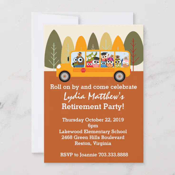 Cute Owl School Bus Driver Retirement Party Invitation | Zazzle